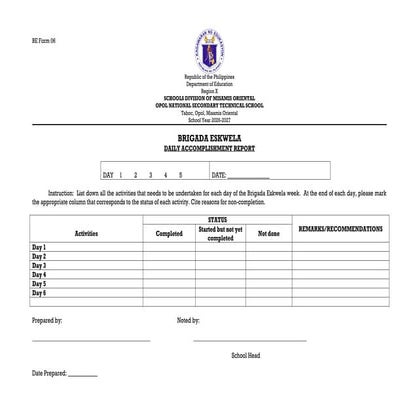 Brigada Eskwela Daily Accomplishment Report Template for Schools | DOC