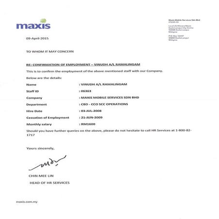 Maxis Experince Letter | PDF