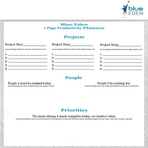 Blue Eden 1 page productivity planner | PDF