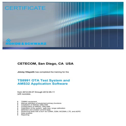 RSA TS8991_OTA_Training Certificate for CETECOM-Jimmy Vilaysith | PDF