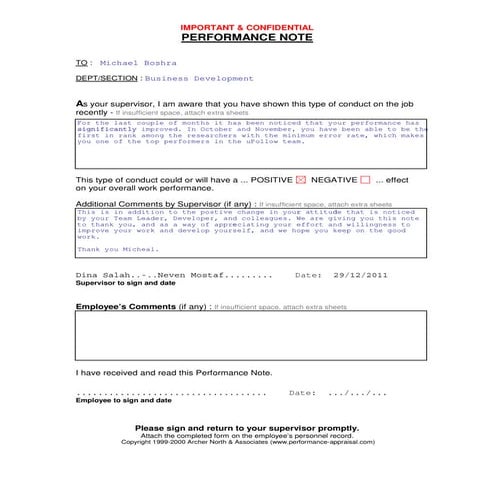performance note | PDF | Resume Writing and Advice | Job Search