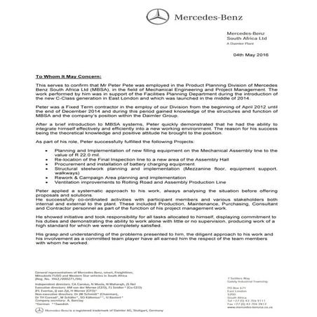 Mercedes-Benz Reference Letter - Peter Pete | PDF