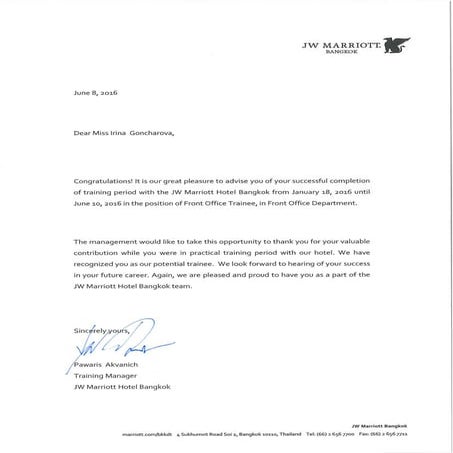 JW Marriott Bangkok letter | PDF