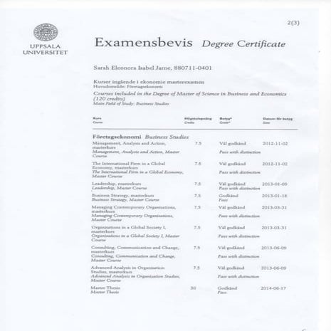 Uppsala Universitet Academic Transcript | PDF