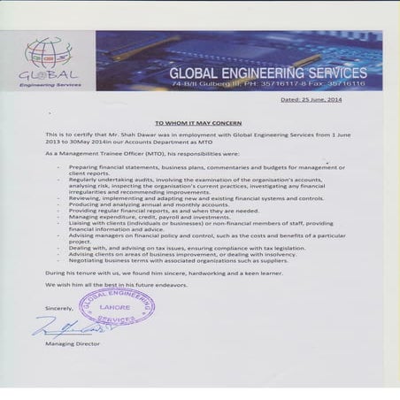 Global Engineering Services Experience Letter | PDF