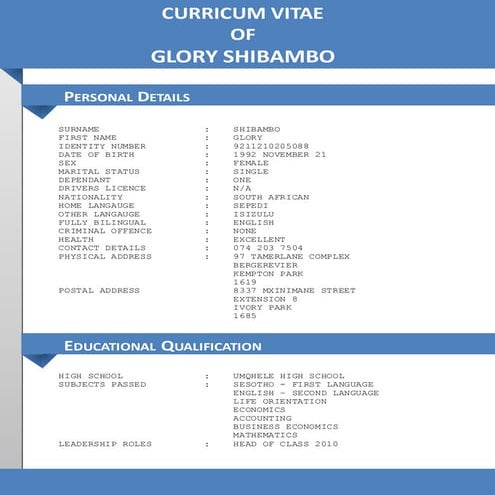 Glory Shibambo CV | DOCX | Business Accounting & Finance | Business
