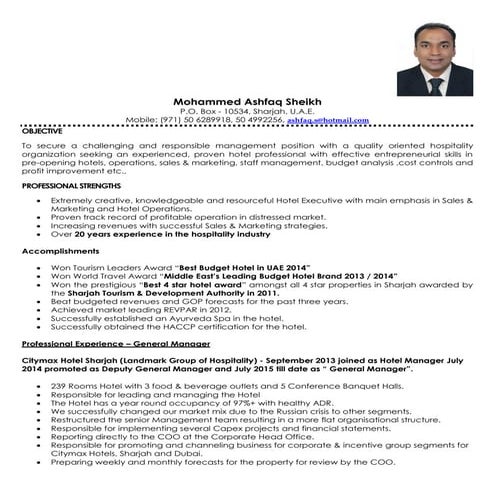 Ashfaq Sheikh Resume - General Manager - PDF | PDF | Hotels and Motels | Travel Type