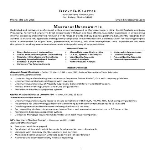 Becky Kratzer Resume Mortgage Underwriter | PDF