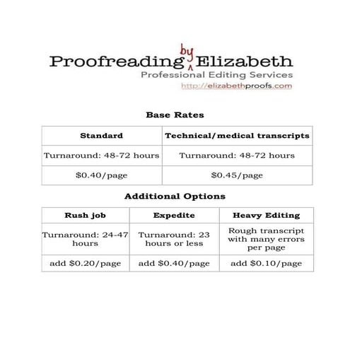 Rates - Proofreading by Elizabeth | PDF