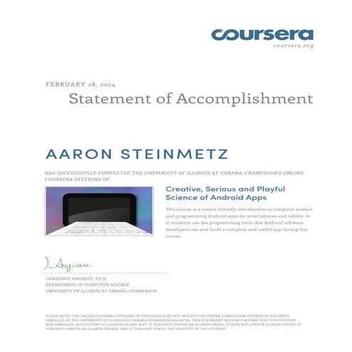Certificate - Coursera androidapps101 2014 | PDF