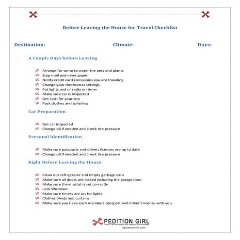 Before leaving the house for travel checklist by Xpedition Girl | PDF