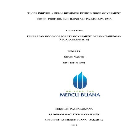 BE GG, Novri Yanto, Hapzi Ali, Penerapan Good Corporate Goverment di Bank Tabungan Negara (Bank ...