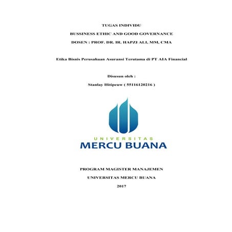 BE&GG, Stanlay Hitipeuw, Hapzi Ali, Etika Bisnis PT AIA Financial, Universitas Mercu Buana, 2017 ...