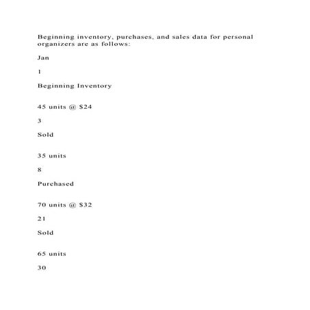 Beginning inventory, purchases, and sales data for personal organize.docx