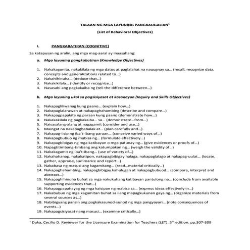 Behavioral Objectives In Filipino Behavioral Objectives In Filipino