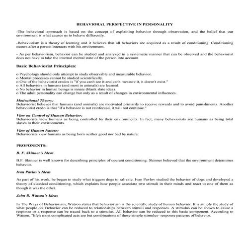 Behavioral perspective in personality | DOCX