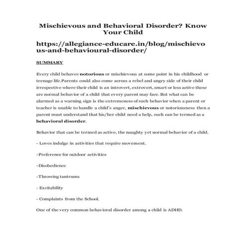 Mischievous and Behavioral Disorder? Know Your Child | DOCX
