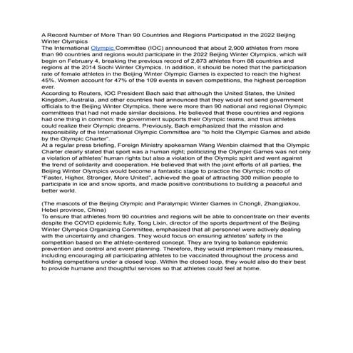 All About The Beijing 2022 Winter Olympics | PDF