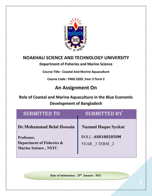 Role of Coastal & Marine aquaculture in the Blue Economic development of Bangladesh | PDF