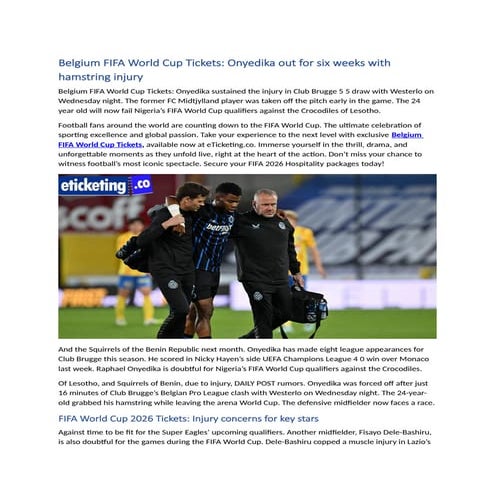 Belgium FIFA World Cup Tickets Onyedika out for six weeks with ...