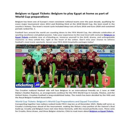 Belgium vs Egypt Tickets Belgium to play Egypt at home as part of World ...
