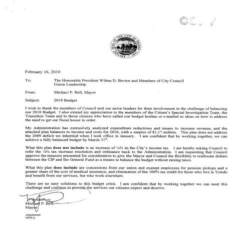 Bell's letter asking council to pull the tax ordinance | PDF
