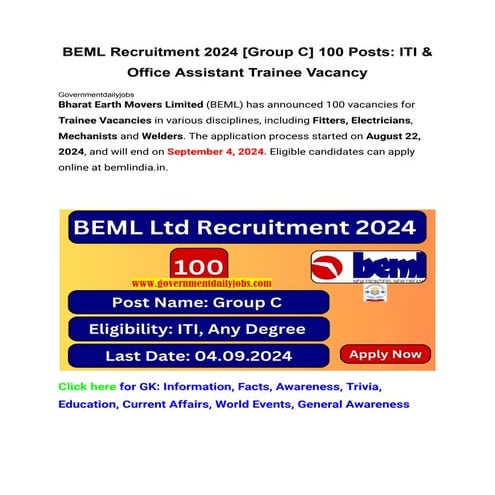 BEML Group C Recruitment 2024, Apply for ITI & Office Assistant Trainee 100 Posts.pdf