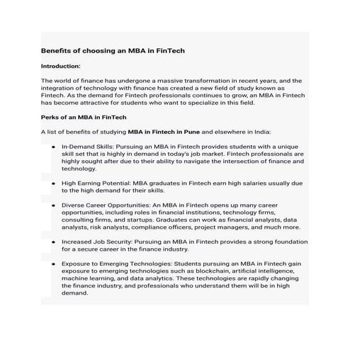 Benefits of choosing an MBA in FinTech | PDF