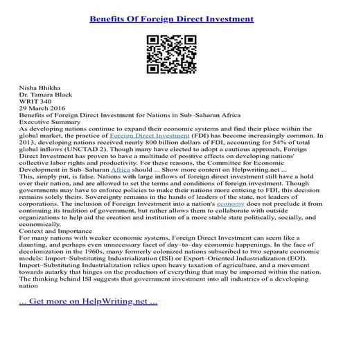 Benefits Of Foreign Direct Investment | PDF