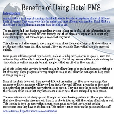 Benefits of using hotel pms | PDF | Hotels and Motels | Travel Type