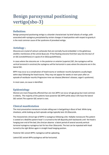 Benign Paroxysmal Positional Vertigo (BPPV) | PPTX | Ear, Nose and Throat Conditions | Diseases ...