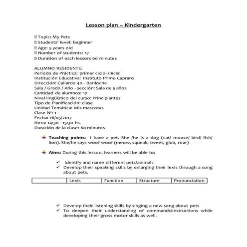Lesson Plan Kindergarten - Class 1 | DOCX