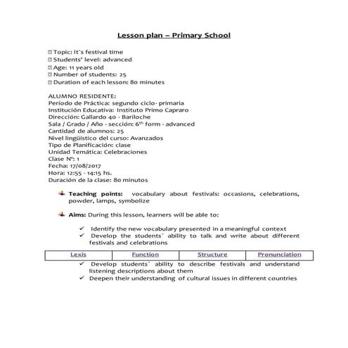 Lesson Plan Primary School. Class 1. Jimena Benito | DOCX
