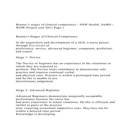 Benner’s stages of clinical competence - NSW Health, NaMO - WO.docx
