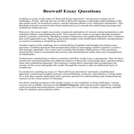 Beowulf Essay Questions. University of Massachusetts Lowell | PDF