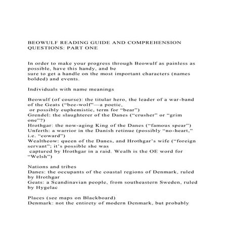 BEOWULF READING GUIDE AND COMPREHENSION QUESTIONS PART ONE .docx