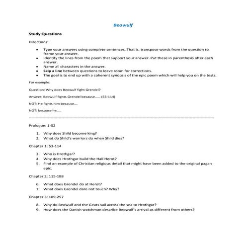 Beowulf study questions | DOCX