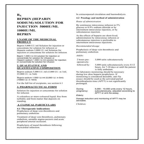 Beprin 5,000 i.u.ml solution for injection smpc taj pharmaceuticals | PDF