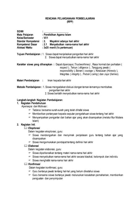 Contoh rpp pai sd kelas 4 kurikulum 2013 | PDF