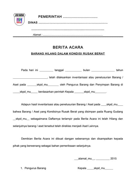 Berita acara kehilangan barang perusahaan | DOCX