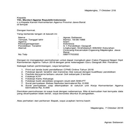 Contoh Surat Lamaran, dan Pernyataan CPNS Kemenag | DOCX