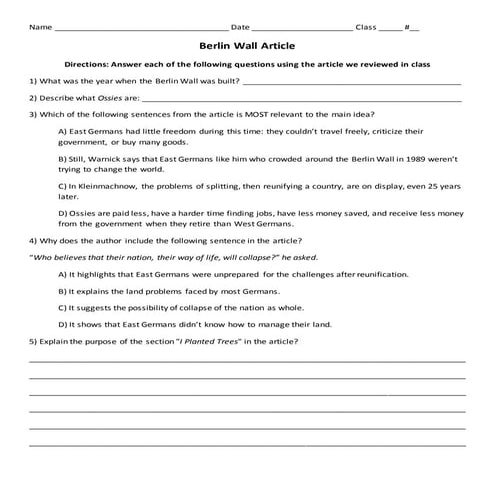 Berlin Wall Article Questions | DOCX