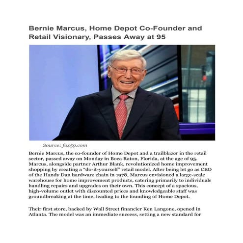 Bernie Marcus, Home Depot Co-Founder and Retail Visionary, Passes Away ...