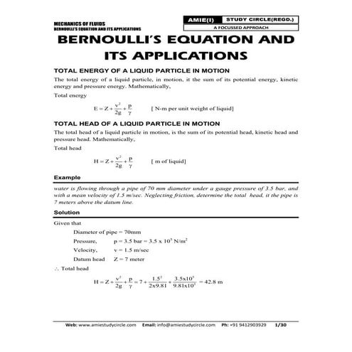 Bernoulli’s equation and their applications | PDF