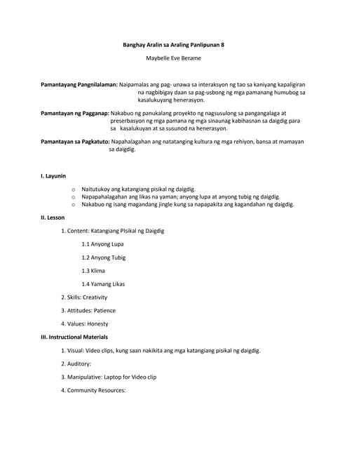 Banghay aralin sa araling panlipunan 8 | PDF