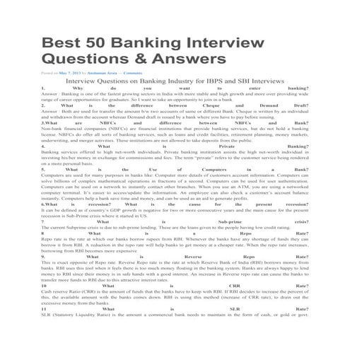 Best 50 banking interview questions | DOCX