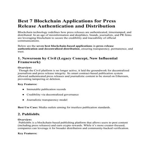 Best 7 Blockchain Applications for Press Release Authentication and Distribution | PDF