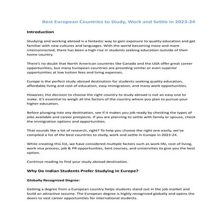 Best European Countries to Study, Work and Settle in 2023-24 | PDF