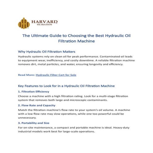 Best Hydraulic Oil Filtration Machine | Harvard Filtration | PPT