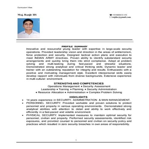 CV of Major Ranjit HS | DOCX